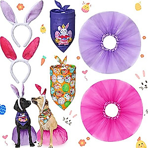 6 Pcs Dog Easter Costumes Set Include Dog Bunny Ears Dog Tutu Cute Dog Bandana Handcrafted Tutu Dog Costume for Easter Hunt Party Supplies Medium Large Dogs Cats Puppy Party Accessory