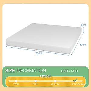 PayLessHere 8 inch Memory Foam Mattress Cooling Gel Green Tea Infused Mattress,CertiPUR-US Certified,Breathable Bed Mattress for Cooler Sleep Supportive & Pressure Relief,White King