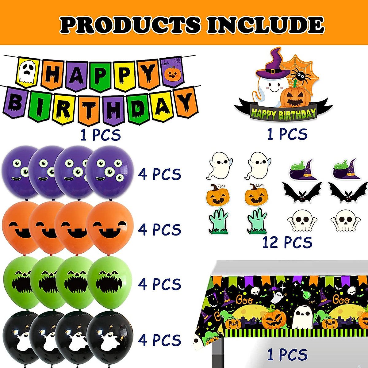 Halloween Birthday Party Decorations, Happy Birthday Banner with Pumpkins and Ghost,Colourful Halloween Cartoon Pattern Balloons,Plastic Tablecloth and Halloween Caketopper