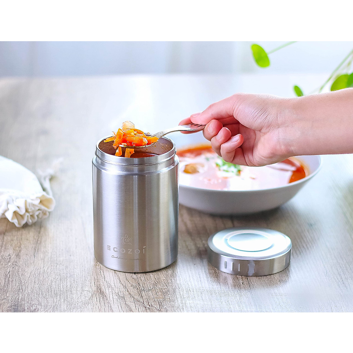 ecozoi Stainless Steel Insulated Lunch Box, Food Jar - Vacuum Insulated Thermos, 17 Oz + Spork + Lunch Bag