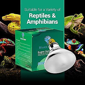 BlueX 80-Watt Reptile UVA UVB Sun Lamp - All-in-One Bulb Self-Ballasted Mercury Vapor Basking Light Heat Lamp Bulbs - Replicates Natural Sunlight Beneficial to Reptiles Amphibians Lizards Tortoises
