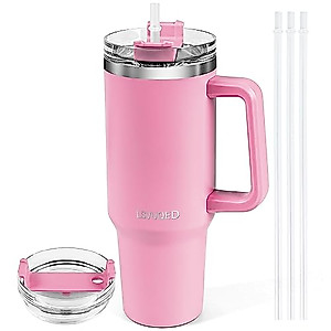LSVUQED 40 oz Tumbler with Handle and Straw Lid, Insulated Reusable Stainless Steel Travel Mug Keeps Drinks Insulation up to 12 Hours, Leakproof Bottle for Water, Tea or Coffee and More.(Hot Pink)