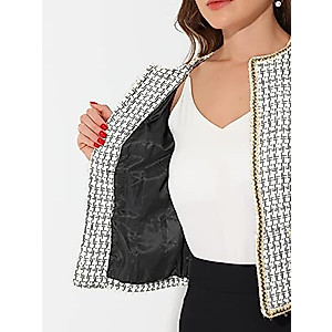 Allegra K Women's Plaid Tweed Blazer Long Sleeve Open Front Work Office Short Jacket Medium White