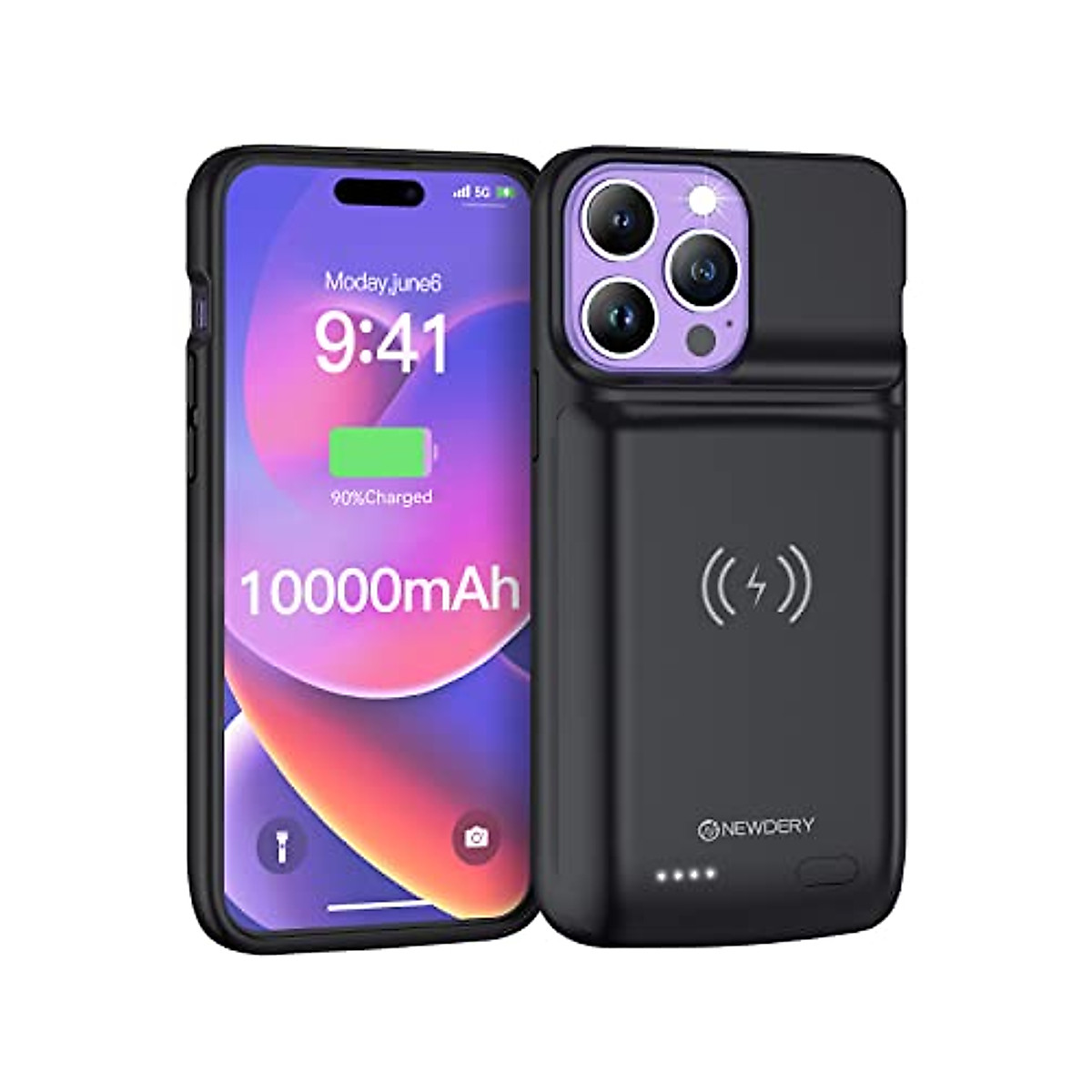 NEWDERY Battery Case for iPhone 14 Pro Max,14 Plus 10000mAh,Qi Wireless Charging,Wired Headset,Sync-Data Supported, Rechargeable Charger Case for iPhone 14/13/12 Pro Max, iPhone 14 Plus 6.7” Black