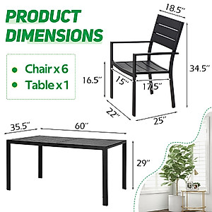 U-MAX 7-Piece Aluminum Outdoor Dining Set, Patio Table and Chairs Set for 6 Morden Outdoor Furniture Set with Aluminum Frames, Rectangular Table and Stackable Chairs for Garden, Black