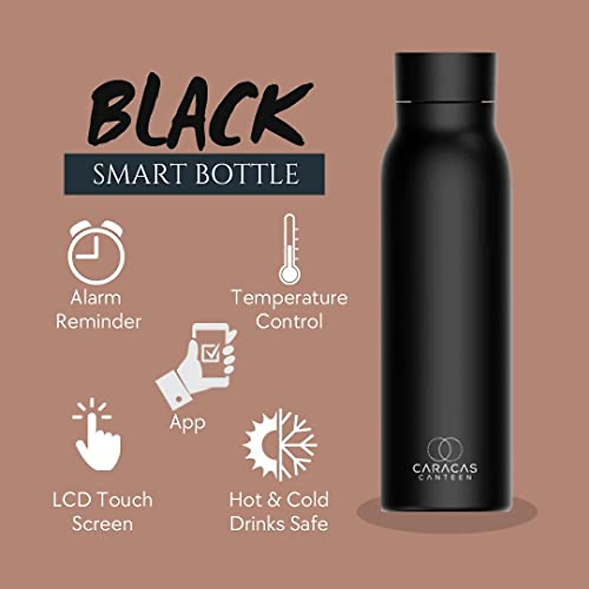 Caracas Canteen Modern SMART Sports Water Bottle, Stainless steel, BPA free flask, app tracks intake, alarm reminder to hydrate, Temperature, Leak proof. 600ml/20 oz (Midnight Black)