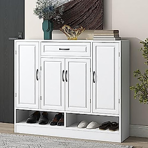 Modern Shoe Cabinet with Adjustable Shelves and Sturdy Top Surface, Wood Sideboard with 1 Drawers, Multifunctional Storage Cabinet for Entrance Corridor Bedroom (White + Particle Board-035)