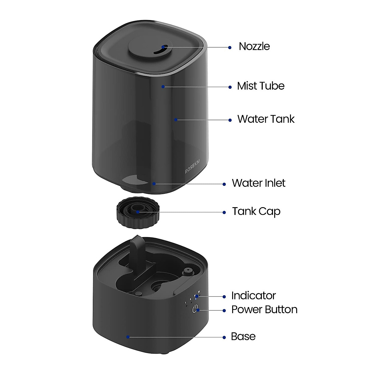 ROSEKM Humidifiers for Bedroom, 2.0L Cool Mist Humidifier for Plant and Baby Nursery, Small Quiet Air Humidifier, Ultrasonic, Filterless, Auto Shut-Off, Black