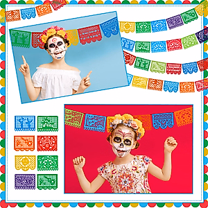 12 Pcs 180 ft Mexican Party Banners Large Papel Picado Banner 10 Patterns Plastic Fiesta Banner Decorations for Cinco De Mayo Mexican Fiesta Party Day of The Dead Dia De Los Muertos