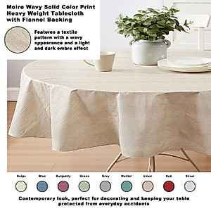 Newbridge Taupe Moire Wavy Solid Color Print Heavy Weight Vinyl Flannel Backed Tablecloth, Indoor/Outdoor Vinyl Tablecloth with Flannel Backing, 60” x 84” Oval