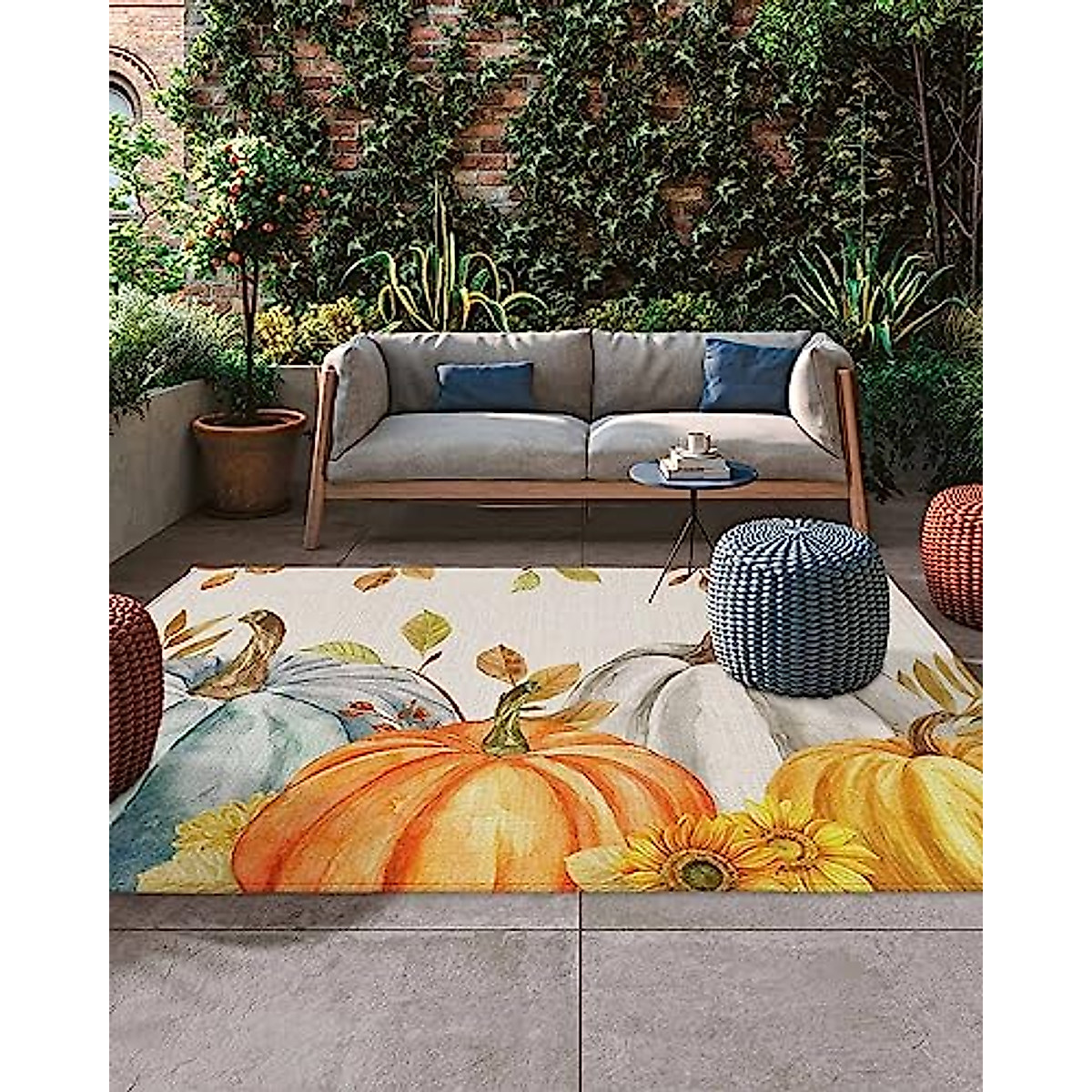 Thanksgiving Fall Outdoor Rug for Patio/Deck/Porch, Non-Slip Area Rug 6x9 Ft, Orange Teal Grey Pumpkin Maple Leaf Rustic Indoor Outdoor Rugs Washable Area Rugs, Reversible Camping Rug Carpet Runner