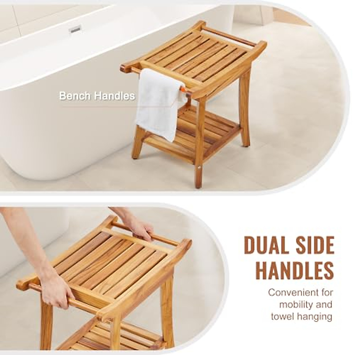 VEVOR Teak Shower Bench with Handles, 22in Waterproof Wood Shower Stool with Storage Shelf Non-Slip Feet, 300 lbs Load Capacity Shower Chair Seat, for Bathroom Indoor and Outdoor Use