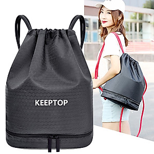 KEEPTOP Waterproof Drawstring swim Bag Sackpack Backpack,Dry Wet Depart,Swimming Gym Yoga Sport Shoulder Rucksack Daypacks Casual Bags (CLASSIC BLACK)