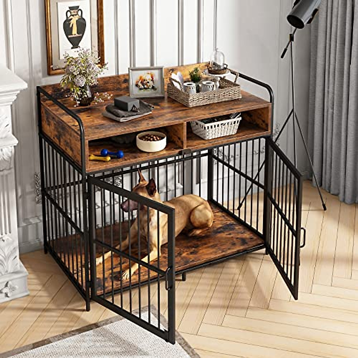 Saudism Large Dog Crate Furniture, Dog Kennel Indoor, Wood Dog Cage Table with Drawers Storage, Heavy Duty Dog Crate, Jaula para Perros, Sturdy Metal, 40.5" L×23.6" W×35.4" H