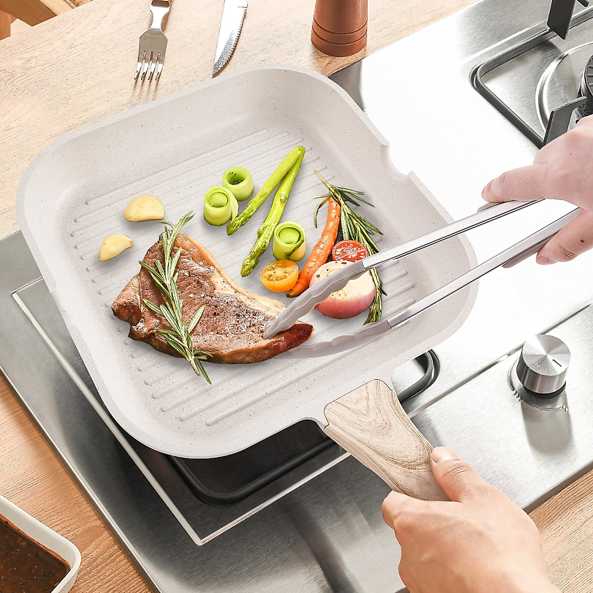 Pots and Pans Set - Caannasweis Nonstick Granite Stone Cookware Sets, Induction casseroles & Saucepan & Frying Pans for Cooking, PFOS PFOA Free, Grill Pan Gray