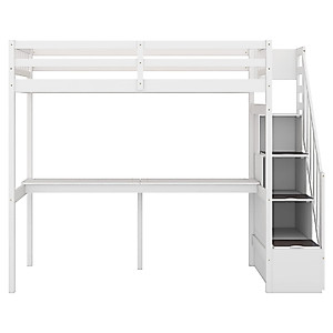 MERITLINE Twin Loft Bed with Desk and Stairs,Wooden Loft Bed Twin with Storage, Kids Loft Bed with Steps for Girls Boys Bedroom, Dorm(Twin,White)