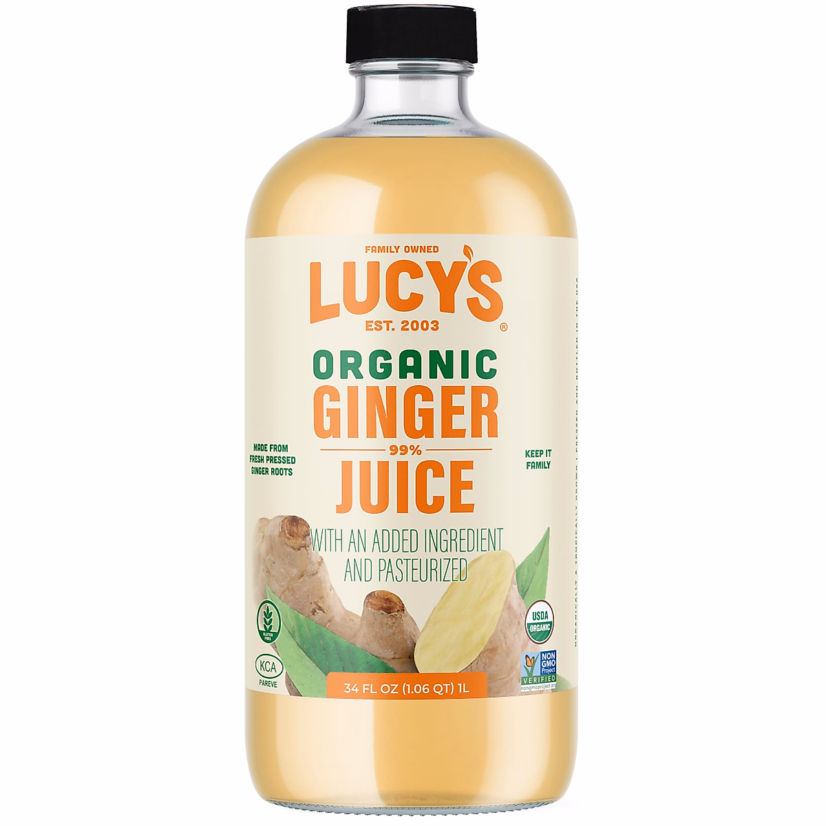 Lucy's Family Owned - PERUVIAN Organic 99% Pure Ginger Juice, 34 oz. Glass Bottle (Made From Fresh Pressed)