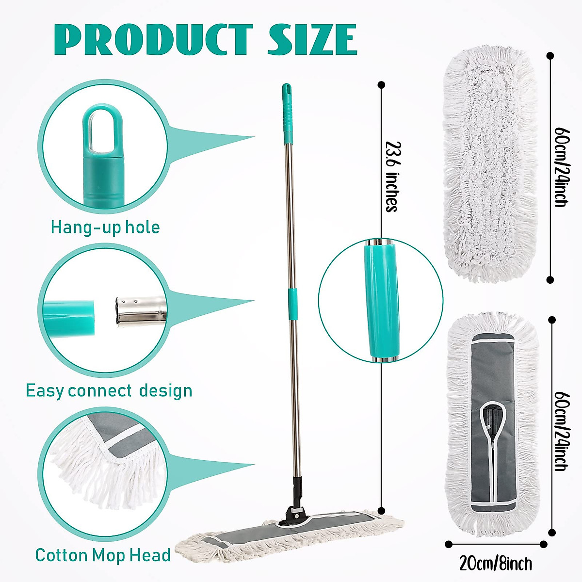 Gerrii 3 Pack Commercial Dust Mop Set Cotton Floor Sweeper Industrial Dry Mop Flip Mop with Replacement Washable Mops for Hardwood Marble Tile Floor Mopping, 23.6 x 53 Inch