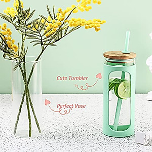 Kodrine 20oz Glass Water Tumbler with Straw and Lid,Bamboo Lids Water Bottle, Iced Coffee Cup Reusable, Wide Mouth Smoothie Cups, Straw Silicone Protective Sleeve BPA FREE-White