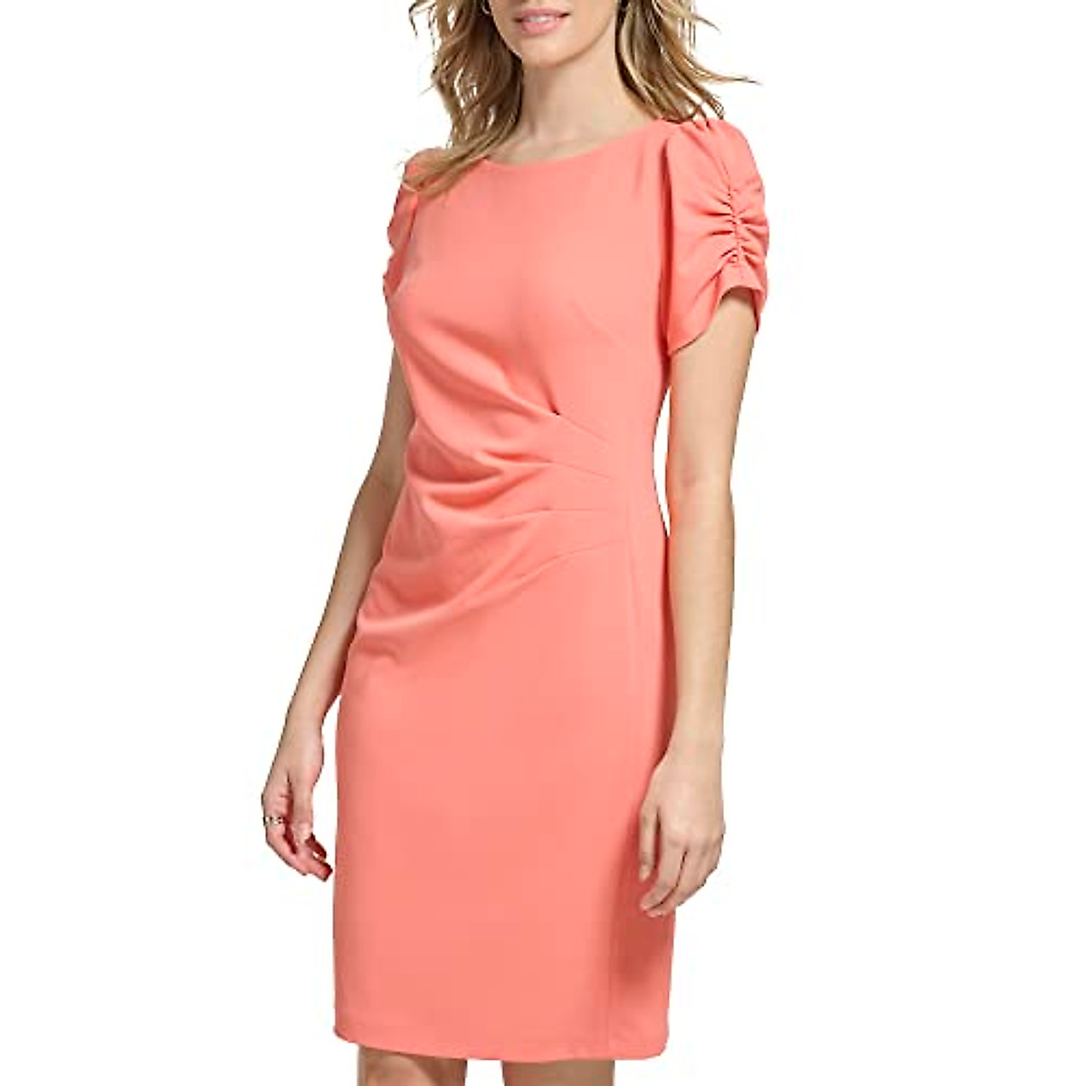 Karl Lagerfeld Paris Women's Waist Detail Puff Sleeve Sheath Dress, Coral Quartz, 12