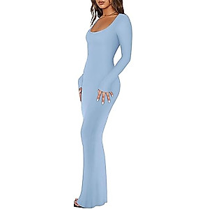 REORIA Womens Sexy Casual Scoop Square Neck Long Sleeve Soft Lounge Long Dress Fall Wedding Guest Elegant Ribbed Bodycon Maxi Dresses Blue Large
