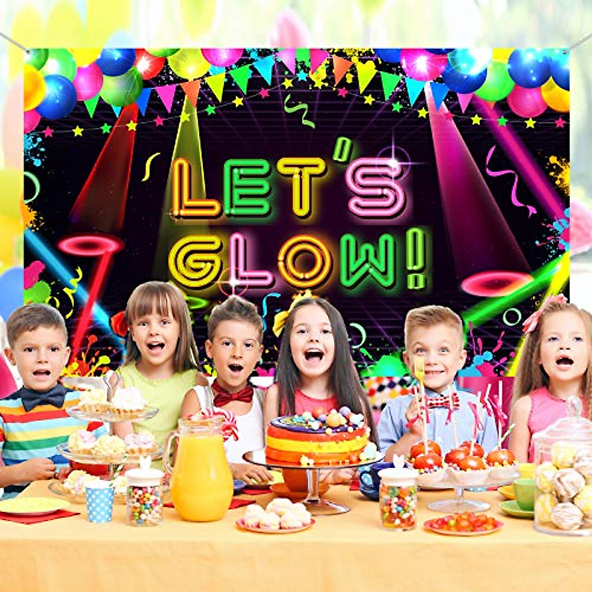 Neon Glow Party Backdrop Fabric Let Glow Background Glow Party Themed Backdrop Halloween Neon Birthday Party Decorations for Neon Themed Party Birthday Party, 5.9 x 3.6 Ft
