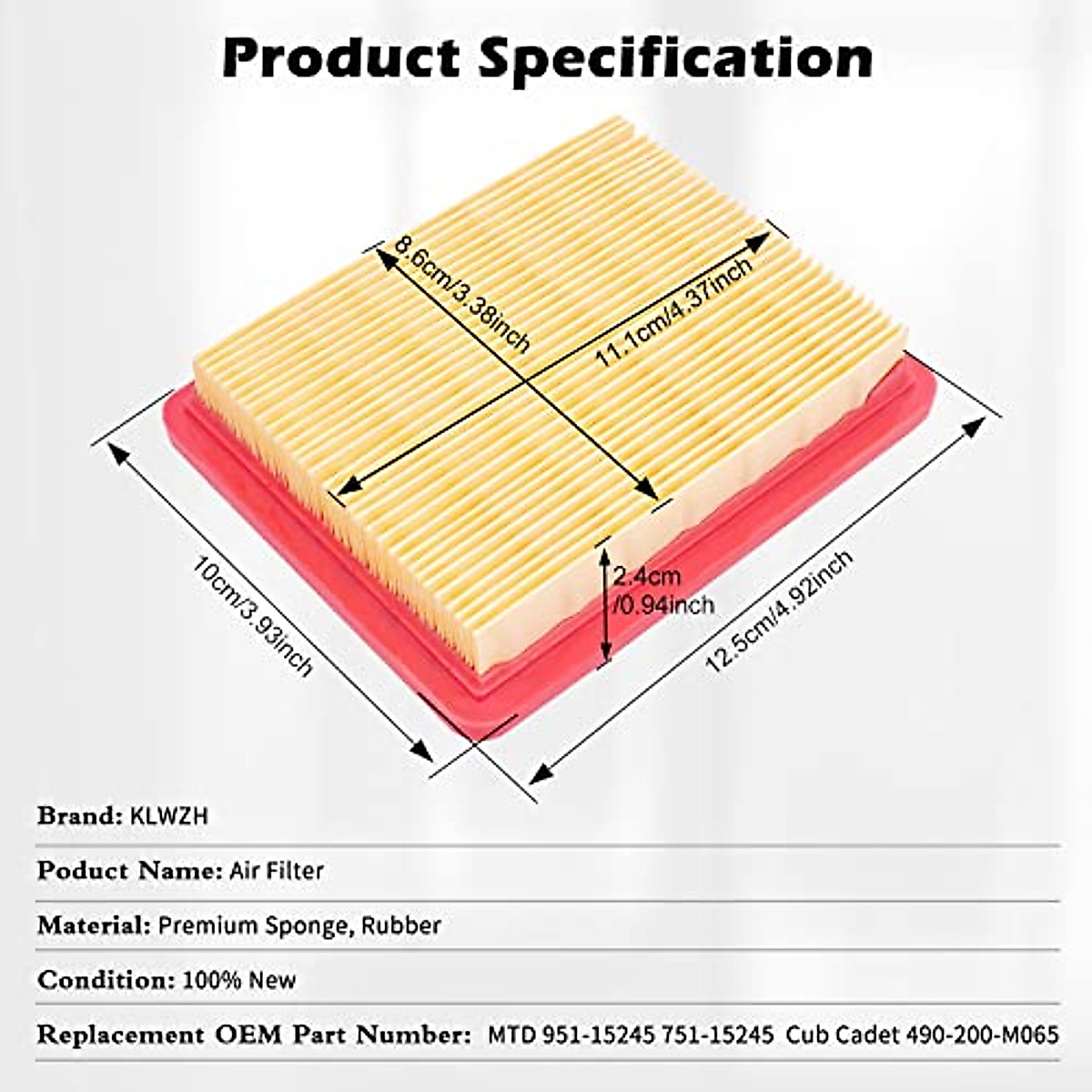 KLWZH 951-15245 Air Filter for MTD 751-15245 Craftsman Cub Cadet 490-200-M065 159cc 1X65 5X65 6X65 8X65 Engines 196cc 5X70 6X70 7X70 SC 700 E Self Propelled Troy-Bilt TB230 Engine Lawn Mower 2PCS