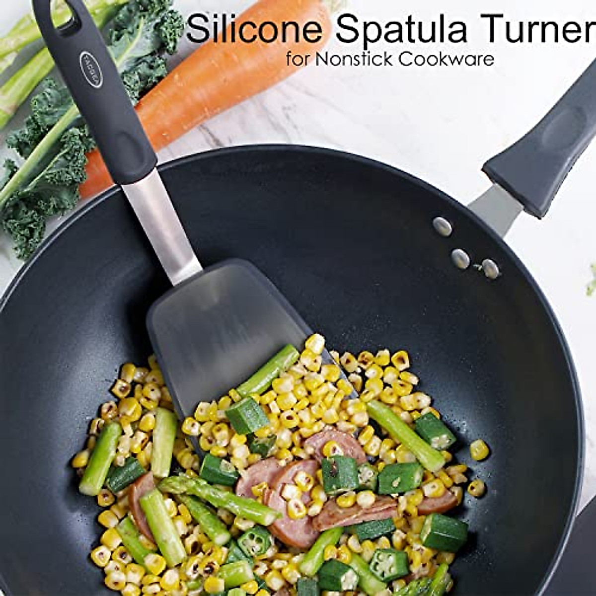 TACGEA Silicone Spatula Turner 2 Pack for Nonstick Cookware 600°F Heat Resistant, Kitchen Cooking Utensils for baking, flipping eggs, Burgers, Pancake