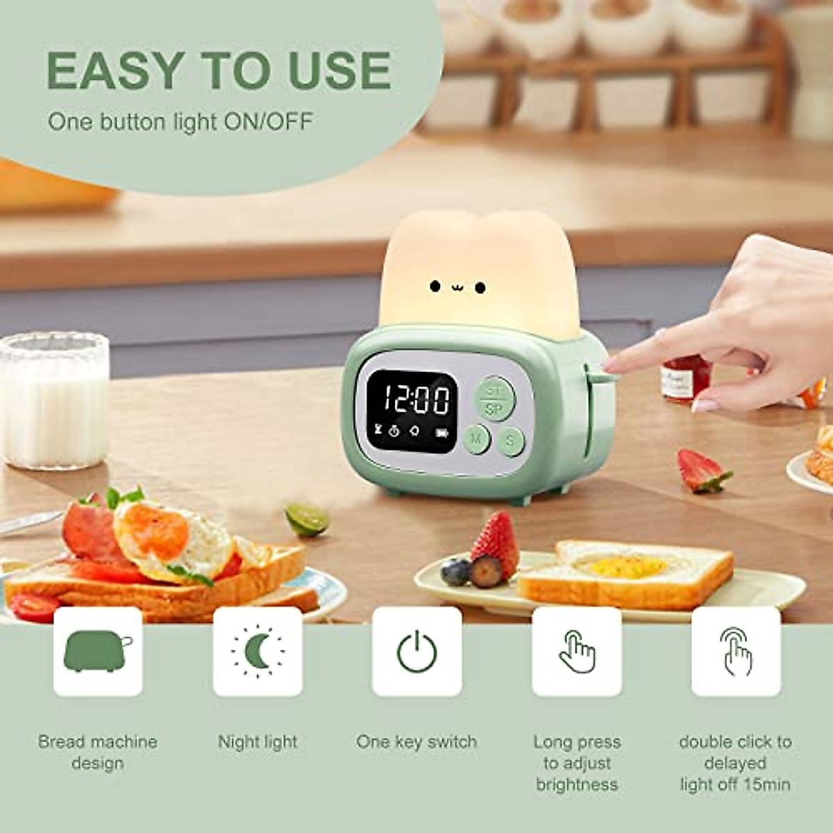 QANYI Small Timer Clock Toaster Lamp, Cute Night Light with Time Management Tool and Table Clock Alarm Digital Timer for Kids, ABS+PC Kids Lamp Birthday Gifts for Teen Toddler Baby Girls Boys