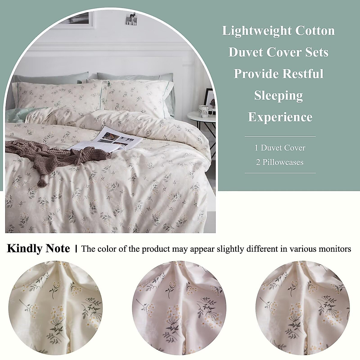 VClife Soft Cotton Queen Duvet Cover Breathable Beige Sage Green White Floral Bedding Duvet Cover for Girl Skin-Friendly Bedding Duvet Cover with Zipper Closure - 1 Duvet Cover and 2 Pillowcases