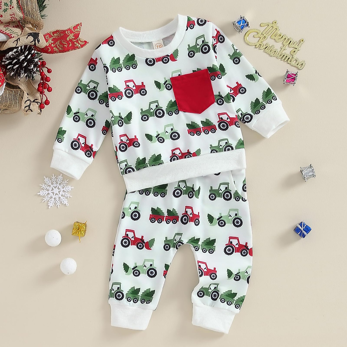 Christmas Outfit Toddler Baby Boy Girl Clothes 0 3 6 9 12 18 24Months 2t 3t Xmas Tree Sweatshirt Top+Long Pants Set (Christmas Car Tree Outfits, 12-18 Months)