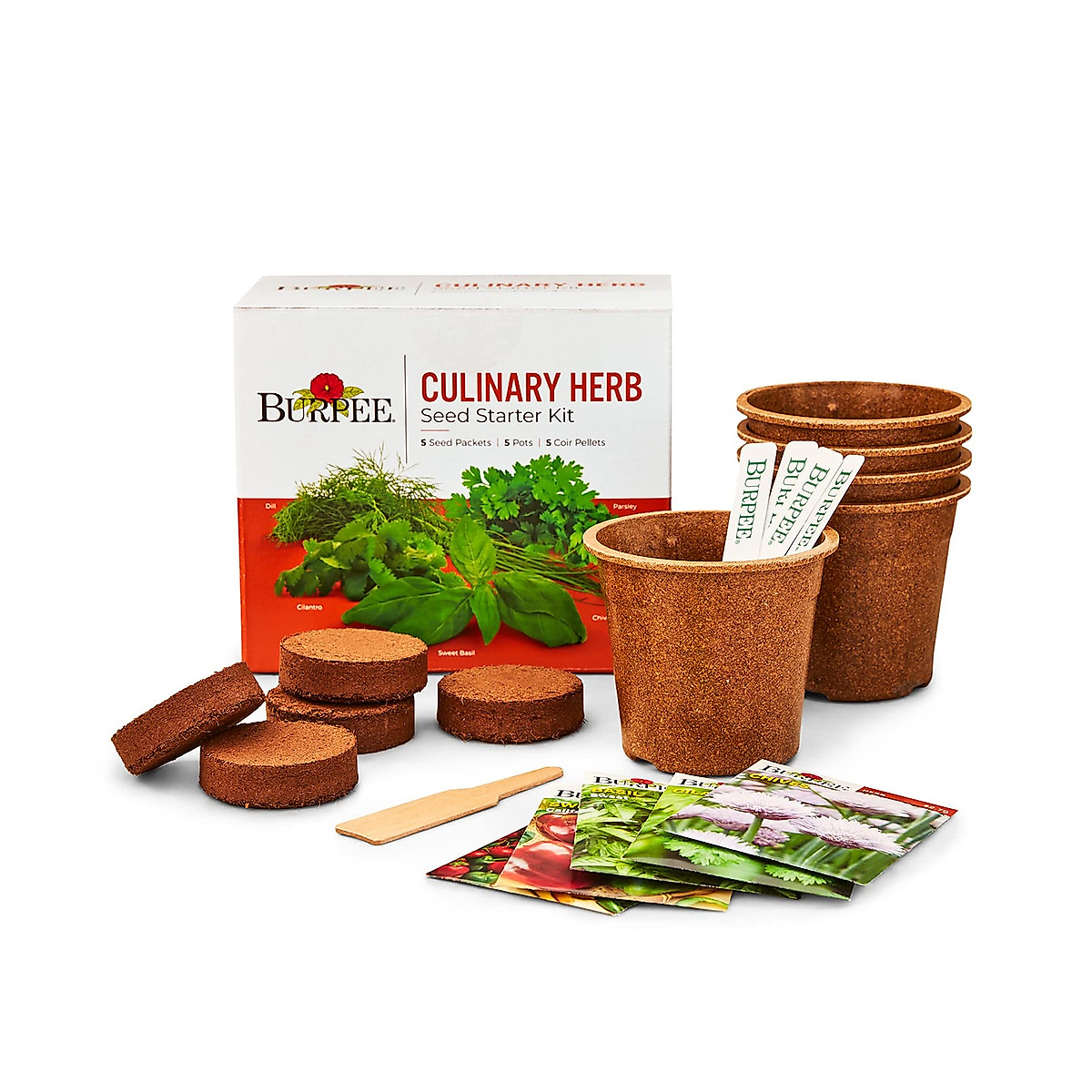 Burpee Culinary Garden Starter Kit Packets, 5 Pots, 5 Coir Pellets & 5 Plant Markers Non-GMO Herb Seeds: Cilantro, Dill, Parsley, Sweet Basil & Chives
