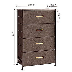 DHMAKER Fabric Dresser for Bedroom, Vertical Dresser Storage Tower, Steel Frame, Wood Top, Easy Pull Textured Fabric Bins, Organizer Unit for Bedroom, Hallway, Entryway, Closets, 4 Drawers, Coffee
