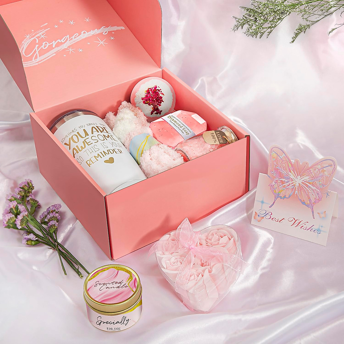 Gifts for Women, Birthday Gifts for Women, Happy Birthday Gifts Basket for Women, Rose Relaxing Spa Gifts Basket for Best Friends Female Sister Mom Wife Her Girlfriend Coworker Bestie