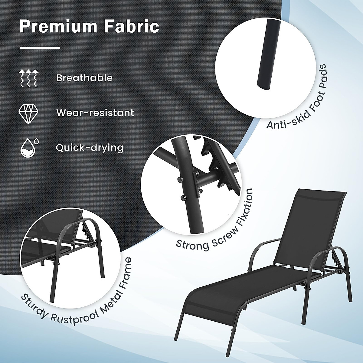 Giantex 2 Pack Patio Lounge Chair, Outdoor Chaise Lounge with 5 Adjustable Backrest, Sturdy Steel Frame, Sunbathing Recliner, Beach Chair, Tanning Chair for Outside, Yard, Balcony, Pool Chairs, Black