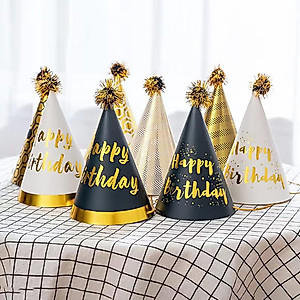 JOYEONDEF 30 Pcs Gold Birthday Party Hats Gold Cone Hats Includes 8 Birthday Paper Hats and 22 Gold Noise Makers (Black and gold suit)