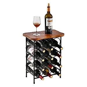 WELLAND 12 Bottle Wine Rack with Solid Wood Table Top, Metal & Pine Free Standing Wine Storage Rack