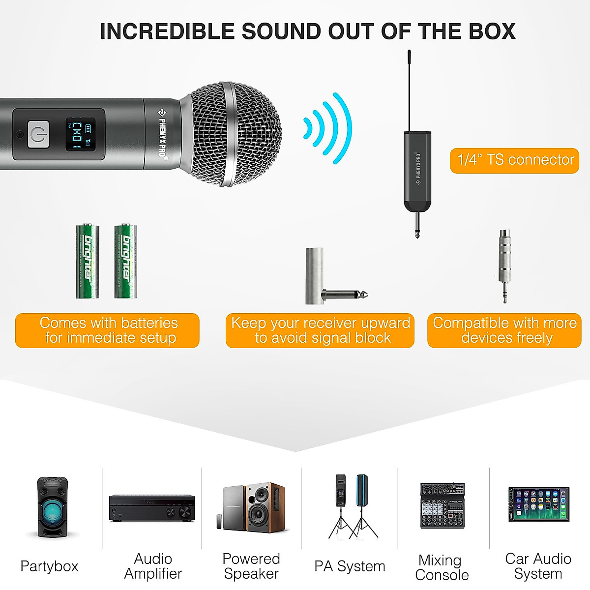 Phenyx Pro Single Digital Wireless Microphone System, w/1 Metal Handheld Dynamic Microphone, Mini Receiver, 15 UHF frequencies, Cordless Microphone for Karaoke, DJ, Singing, Church, Wedding(PDP-1-1H)