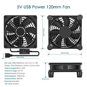 Qirssyn USB Computer Fan Quiet, 5V Powered Fan with Speed Controller for Router Modem Receiver DVR Xbox TV Box Cooling