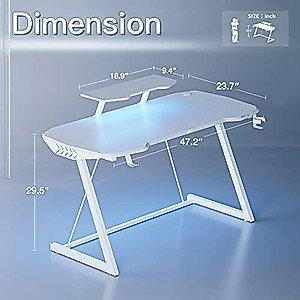 MOTPK White Gaming Desk with LED Lights, Gaming Table Desk 47 inch Z Shaped, Gamer Desk Ergonomic Sturdy, Kids Computer Desk with Monitor Stand Cup Holder and Headphone Hook, Black, Gift Idea