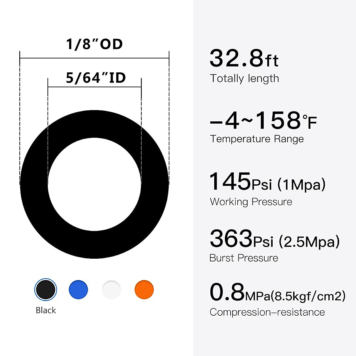 Quickun Pneumatic Tubing 1/8" Tube OD PU Polyurethane Tube Air Hose Line for Air Compressor Fitting or Fluid Transfer (Black 32.8ft)
