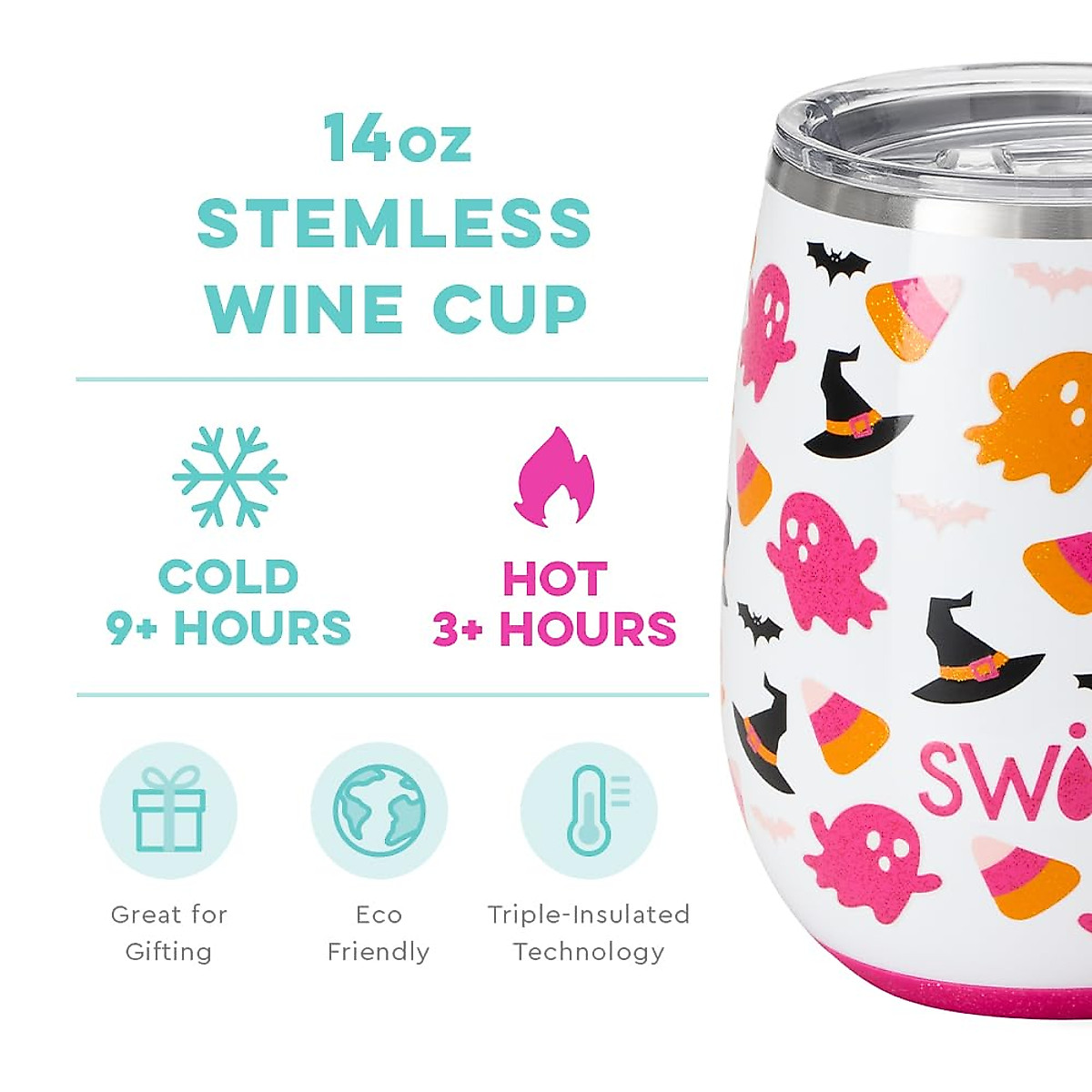 Swig Life 14oz Insulated Wine Tumbler with Lid | Discontinued Prints | Dishwasher Safe, Holds 2 Glasses, Stainless Steel Outdoor Wine Glass (Hey Boo)