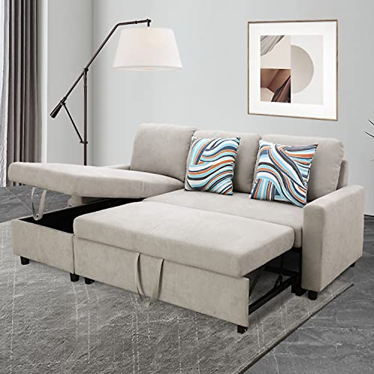 SIENWIEY Sectional Sofa Set, Sleeper Sofa Bed with Storage Chaise for Living Room Modern L-Shape Velvet Pull Out Couch for Small Space(Grey)