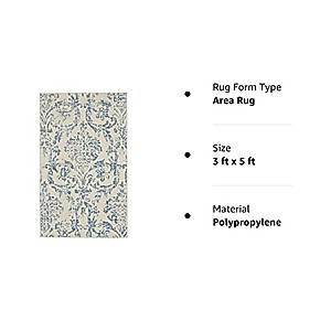 Nourison Jubilant Damask Ivory/Blue 3' x 5' Area -Rug, Easy -Cleaning, Non Shedding, Bed Room, Living Room, Dining Room, Kitchen (3x5)