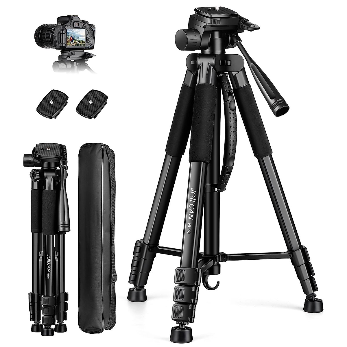 JOILCAN Camera Tripod, Heavy Duty Tripod for Camera, 67" Phone Tripod for Video Recording Photo Vlogging, Aluminum Phone Tripod with Remote & Travel Bag for DSLR Camera Phone Projectors Lasers