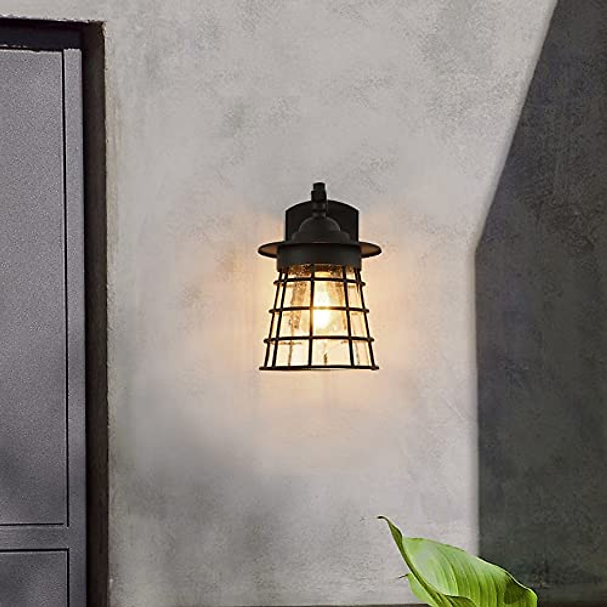 OUUED Quality Wall Lamps Rustic Outdoor Wall Lantern Light Seed Glass Shade Waterproof Exterior Wall Mounted Sconce Lighting Fixtures Black Finish E27 Socket for Home Patio Garden Garage Lamp