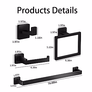 Hinmood Matte Black Bathroom Hardware Set, 5 Pieces Hardware Accessories Set SUS304 Stainless Steel Bath Towel Bar Set, Wall Mounted Towel Rack for Bathroom (Black, 16 Inch)