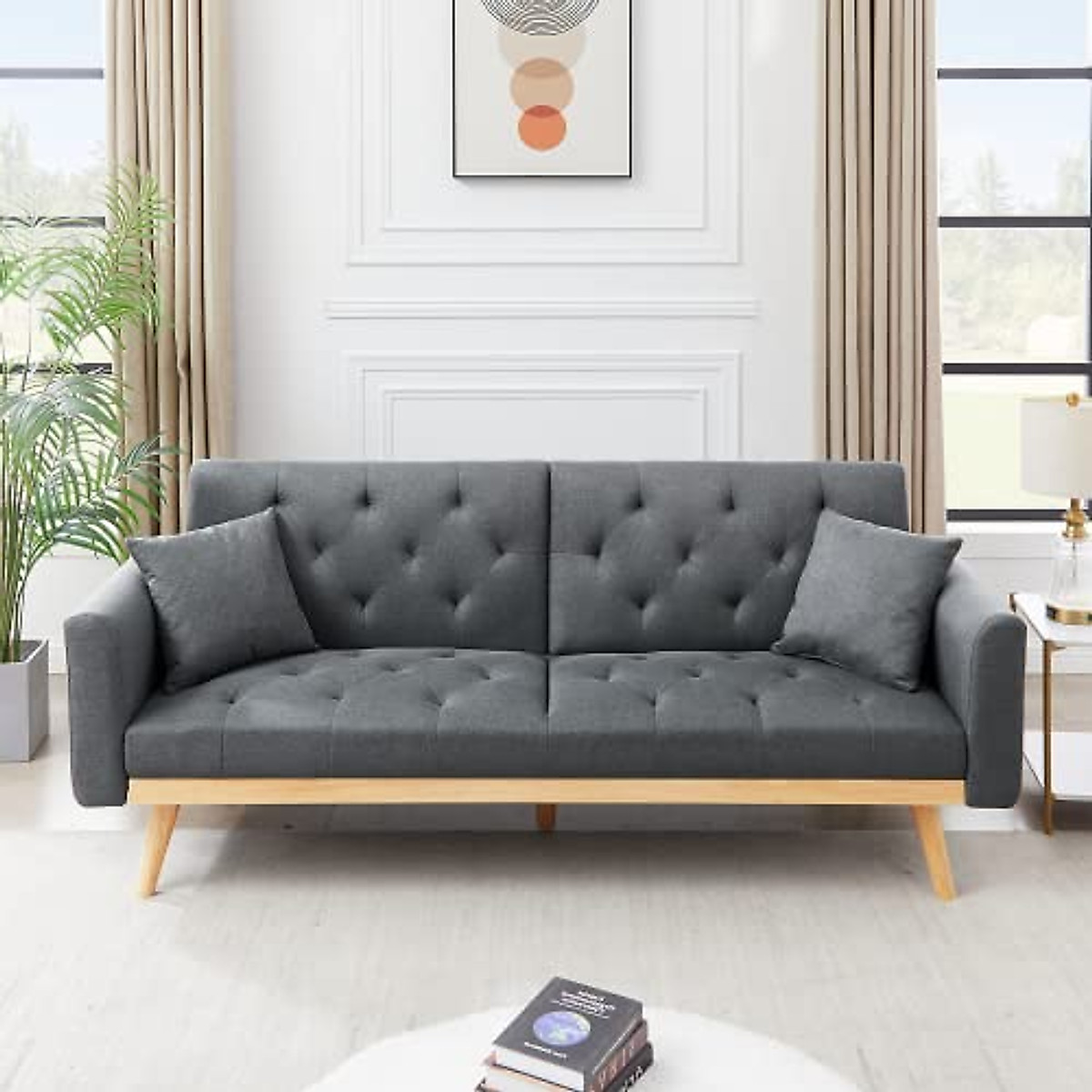 AWQM Convertible Sofa Bed, Fabric Linen Folding Futon Sofa Bed,Upholstered Loveseat Futon Couch Bed,Adjustable Couch Sleeper w/Wood Legs,Pull Out Couch for Small Space, Living Room,Office,Dark Grey