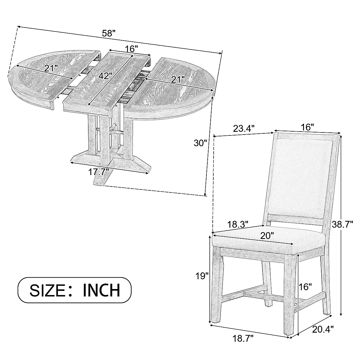 Knocbel 5-Piece Dining Sets 42-58" Extendable Round Table with 4 Upholstered Chairs, Farmhouse Rubber Solid Wood Frame Dining Set for 4 to 6 People Kitchen Dining Room, Natural Wood Wash