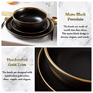 DUJUST Matte Black Porcelain Dinner Bowls of 4, 7 inch (27oz), Luxury Design with Handcrafted Gold Trim, Easy to Clean, Great Durability for Cereal/Soup/Rice/Oat, Chip Resistant, Lead-Free & BPA-Free